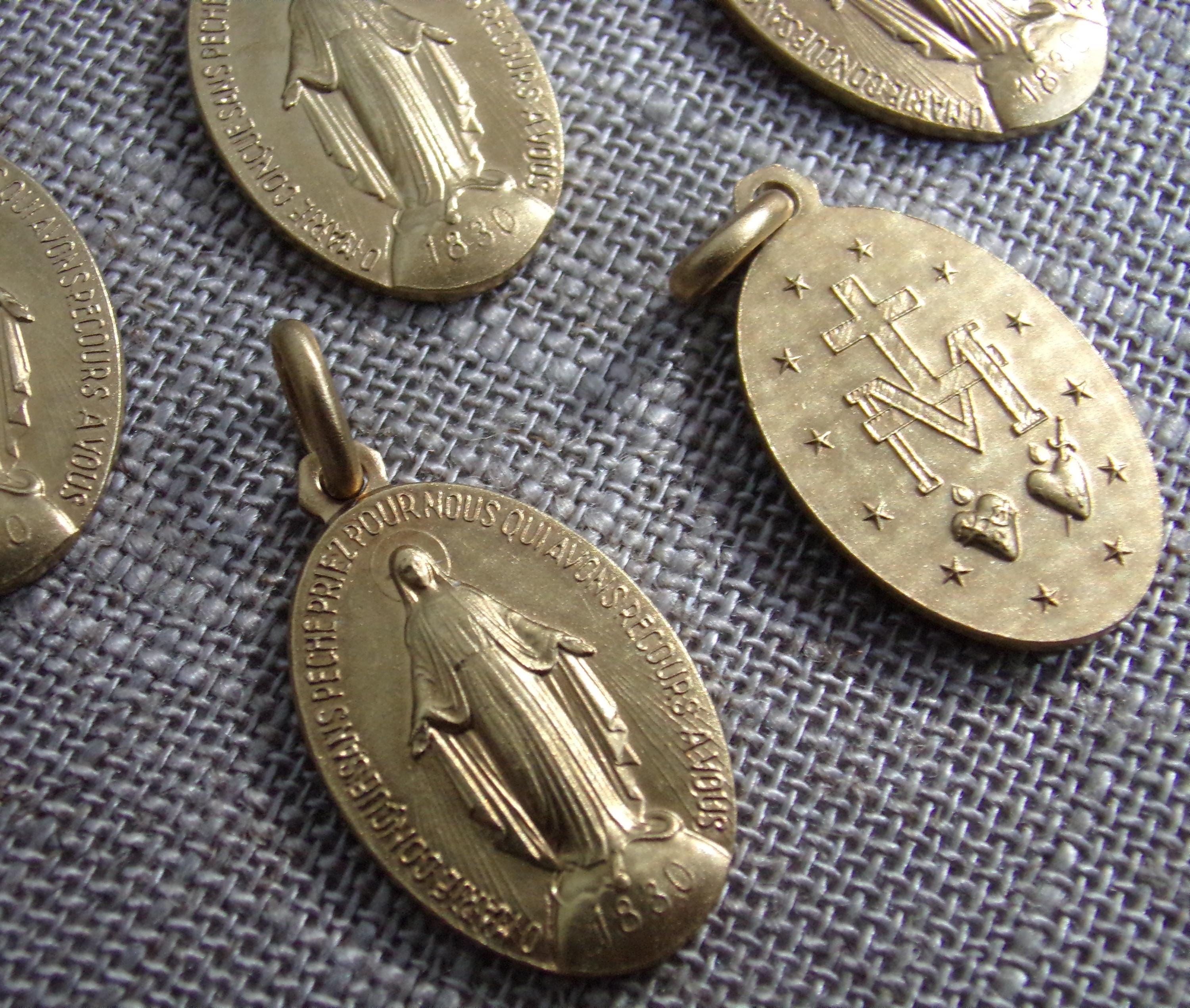 5 New Small Miraculous Medals. Dark Gold Covered Brass. Made in France ...