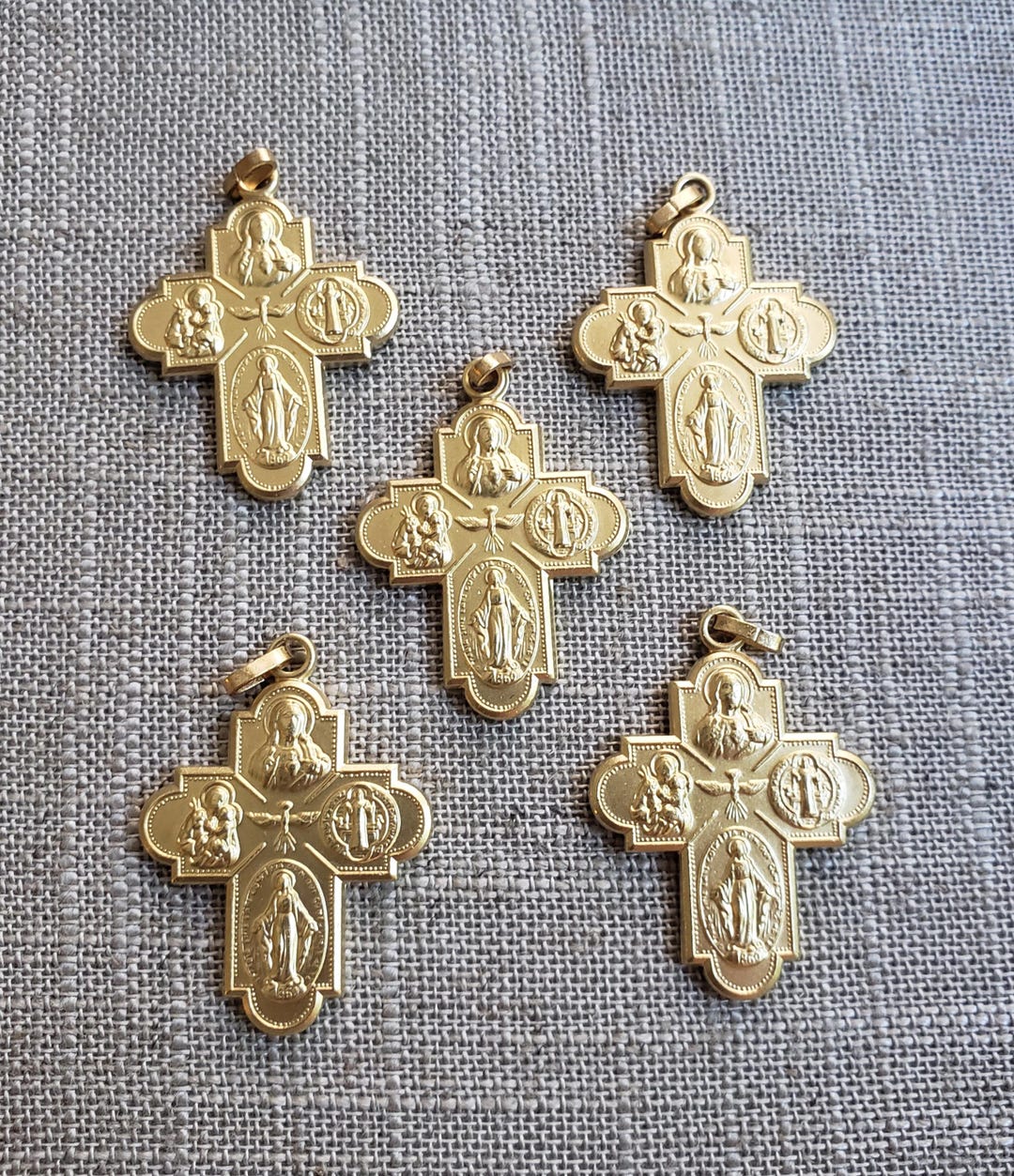 5 Large Four Way Cross Medals Gold Covered Brass. Made in France. Jesus ...