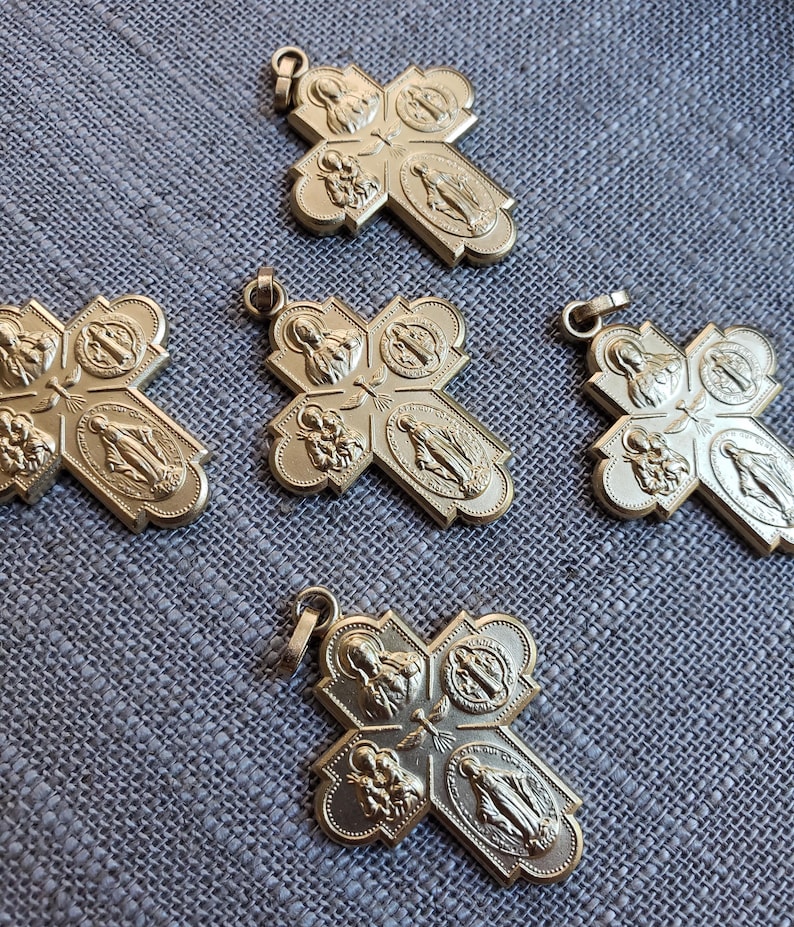 5 Large French Four Way Cross Medals Gold Covered Brass. Jesus Sacred ...