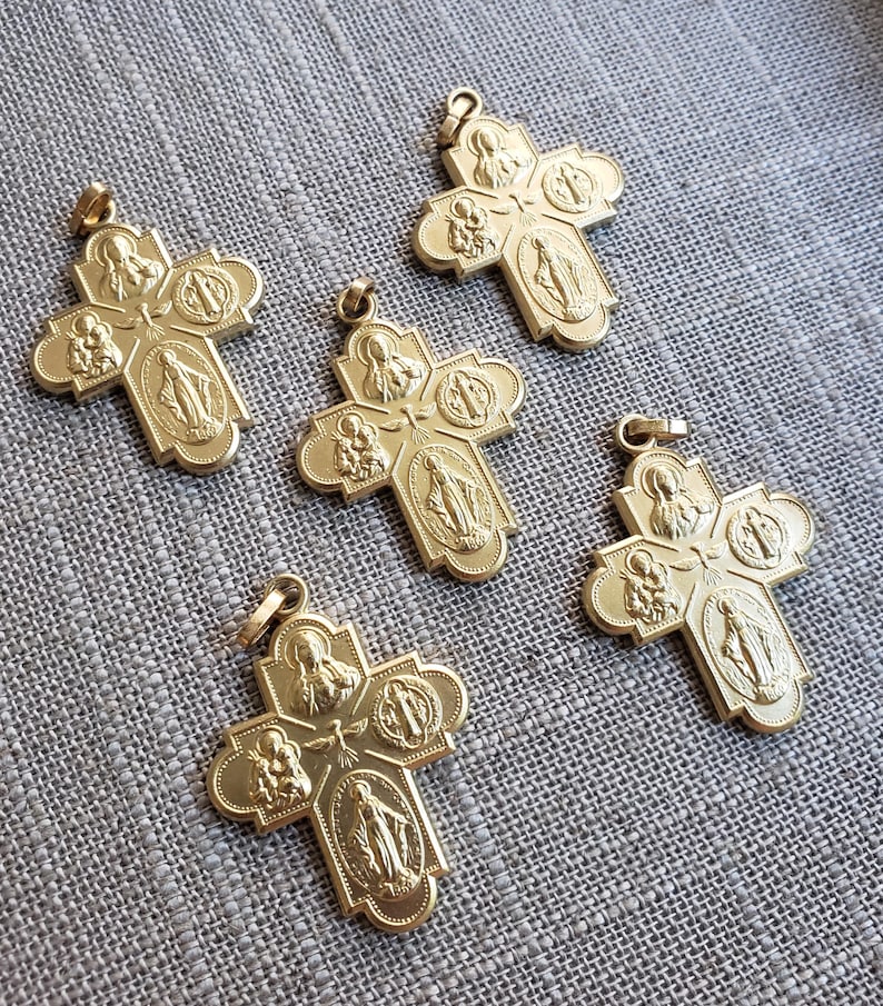 5 Large French Four Way Cross Medals Gold Covered Brass. Jesus Sacred ...