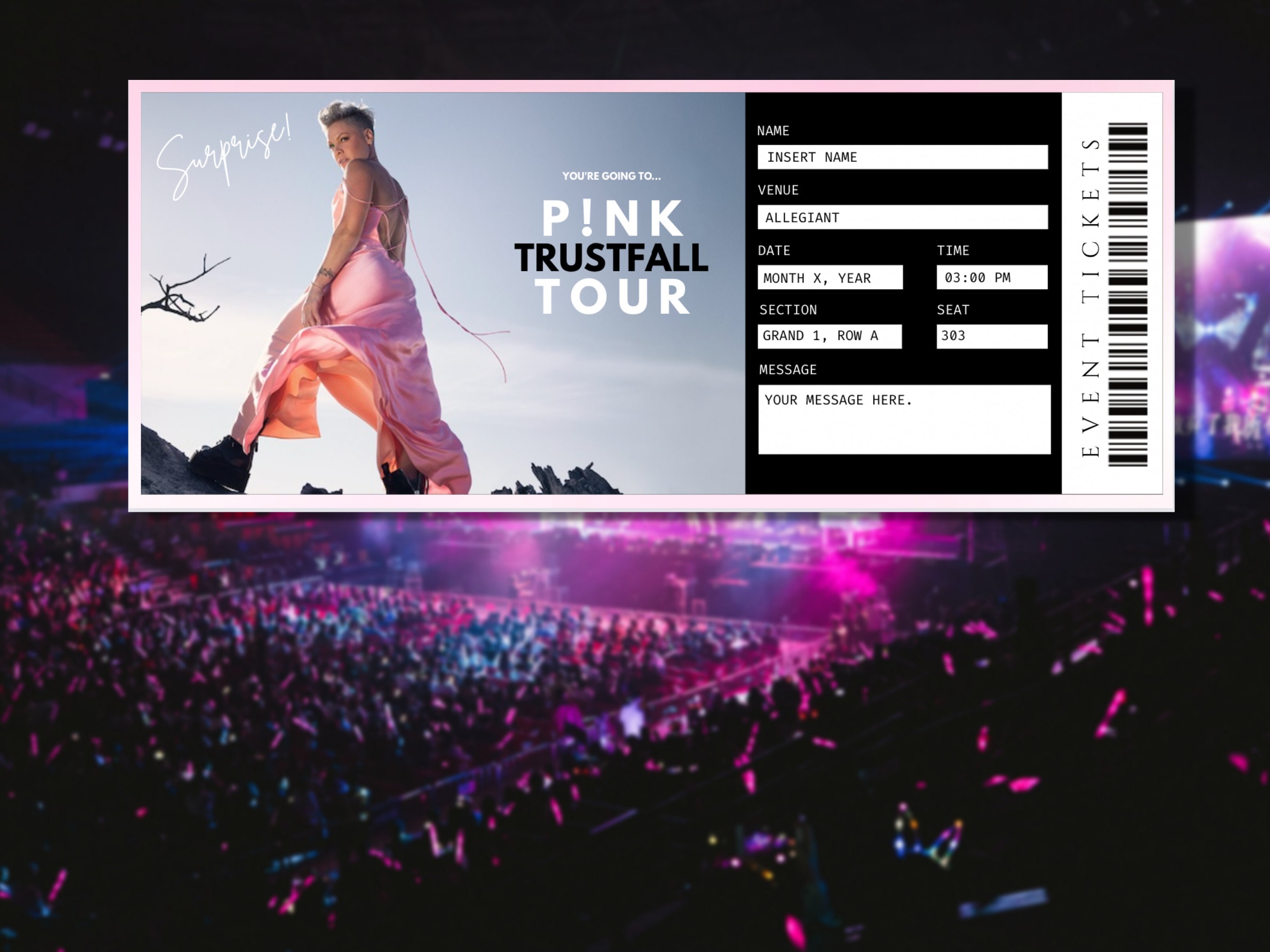 Surprise Pink Concert Tickets Pink Trustfall Tour Tickets Editable ...