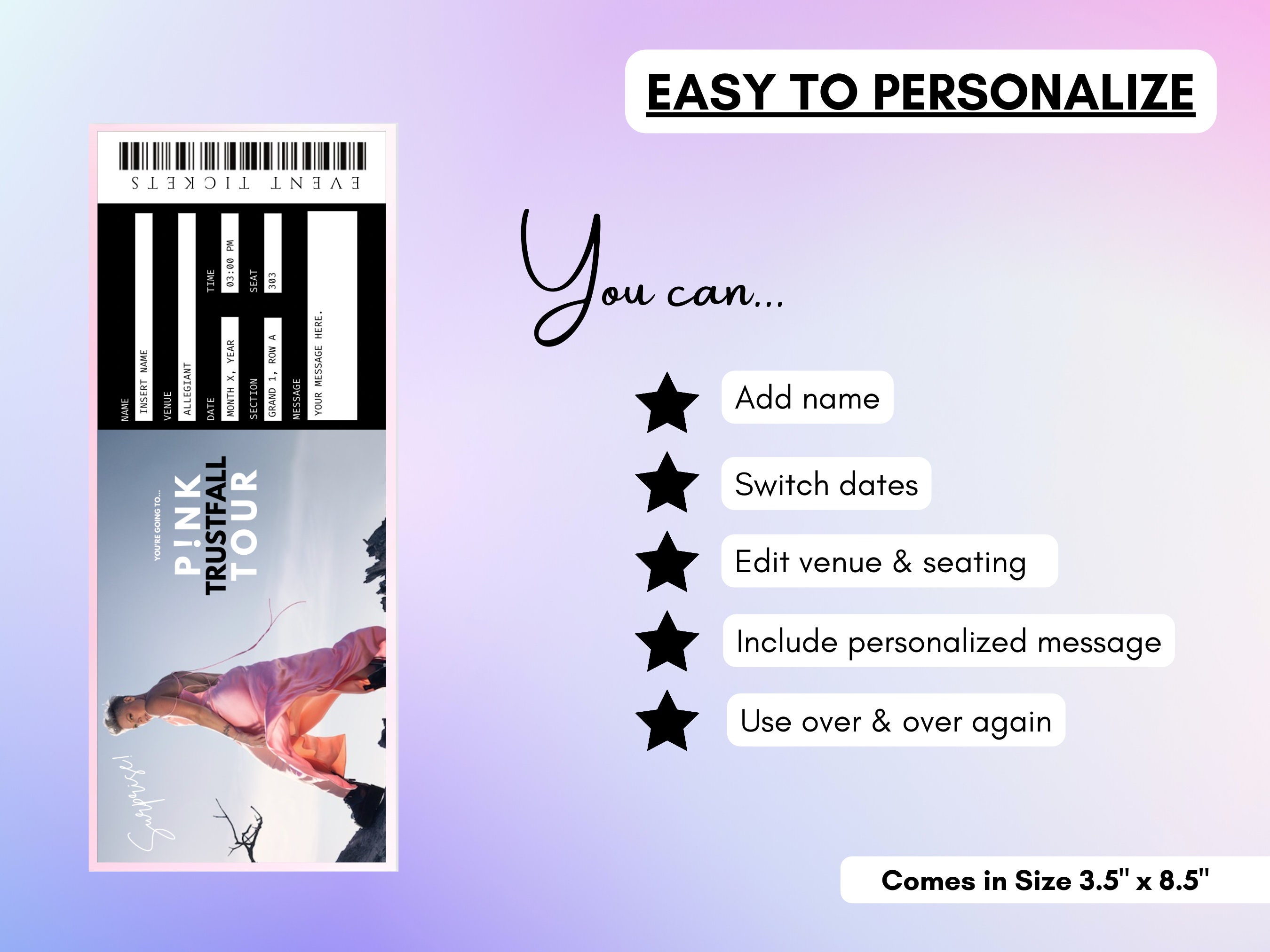 Surprise Pink Concert Tickets Pink Trustfall Tour Tickets Editable ...