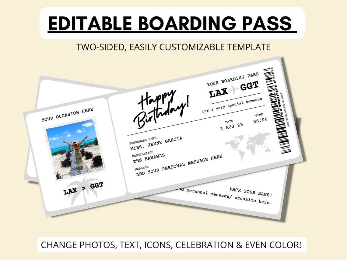 Editable Boarding Pass Fake Boarding Ticket Plane Ticket Surprise ...