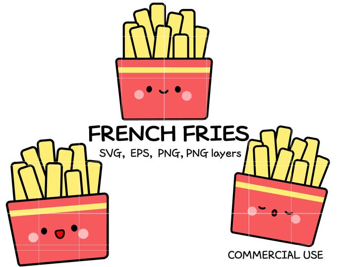 Cute French Fries SVG Bundle | Kawaii Fast Food Clipart | Fries Vector ...