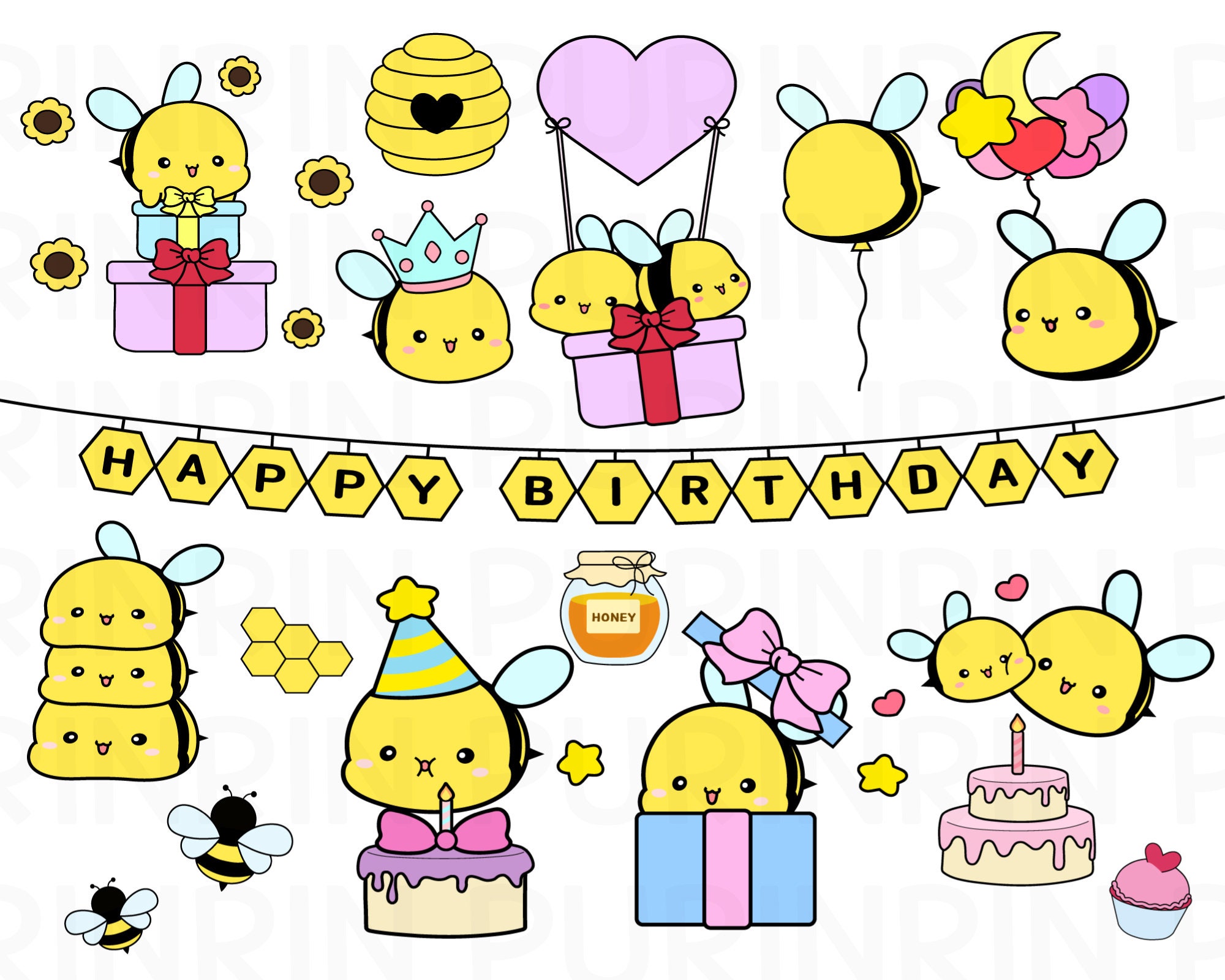 Bee Birthday Clipart Queen Bee Kawaii Clipart Sunflower Png - Etsy
