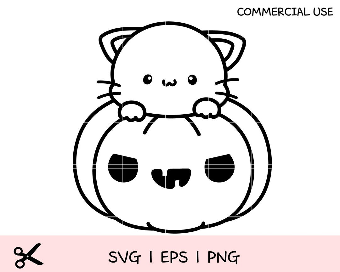 Kawaii Cat Pumpkin Clipart SVG PNG EPS | Cute Halloween Outline Digital ...