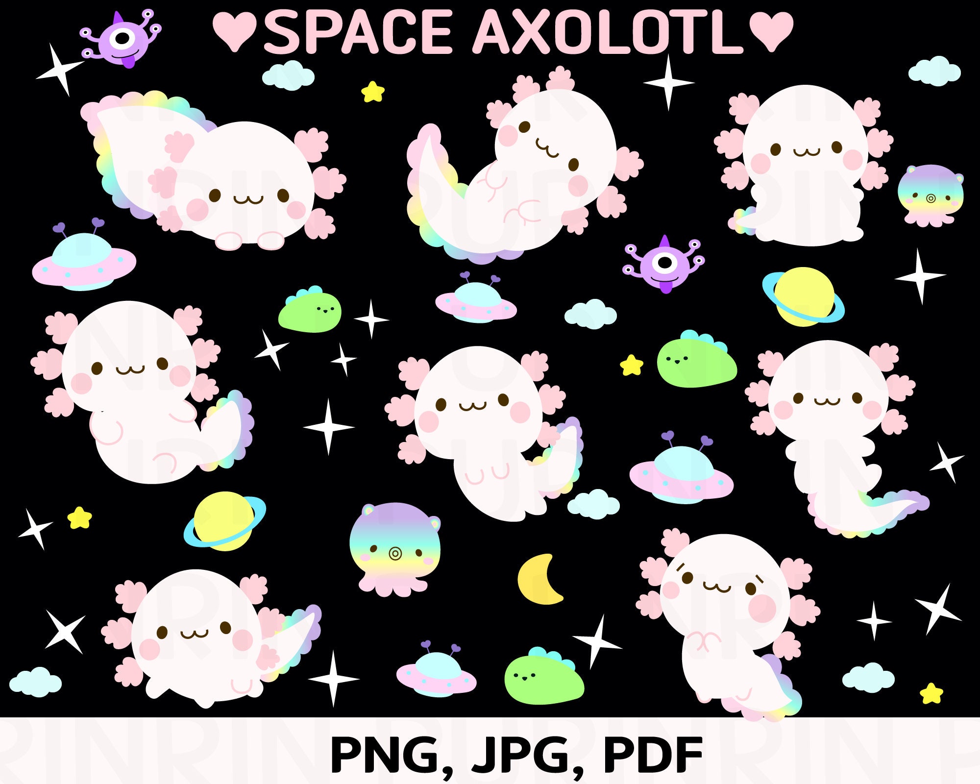 Kawaii Axolotls Clipart, Space Rainbow Axolotl, Alien Sticker, Axolotl ...