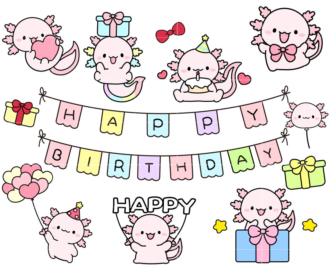 Axolotl Birthday Clipart 12 Elements - Etsy
