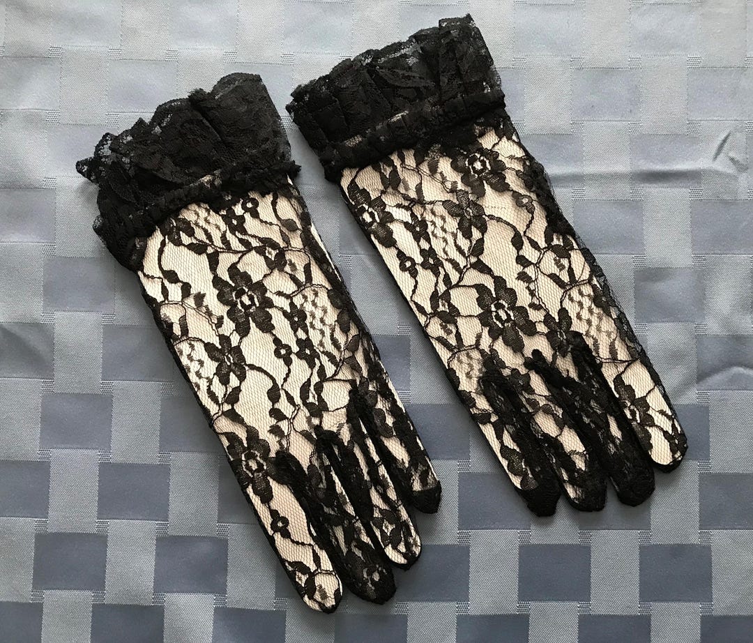 Short Black Lace Gloves With Ruffle-bow-short Sheer-10-12" Long-new ...