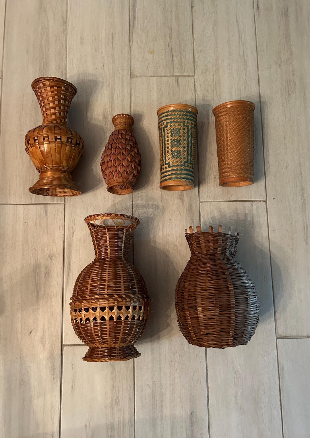 Vintage Wicker Vases-4 Unique Styles-all Wicker-2 Pc Wicker-decorative Vase W Milk Glass-wicker ...