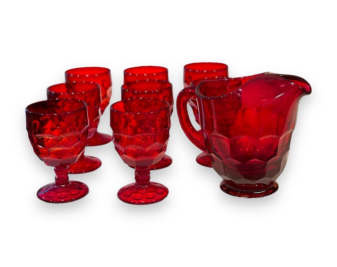 Mid Century Viking Ruby Red Glassware Set: Honeycomb Pitcher and 8 ...