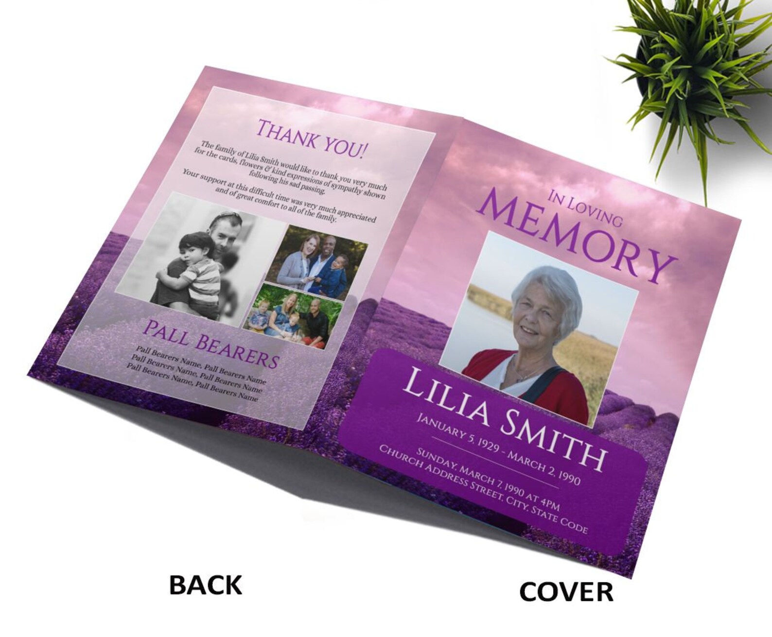 M006 4 Page Funeral Program Lavender Template,funeral 4 Page Program ...
