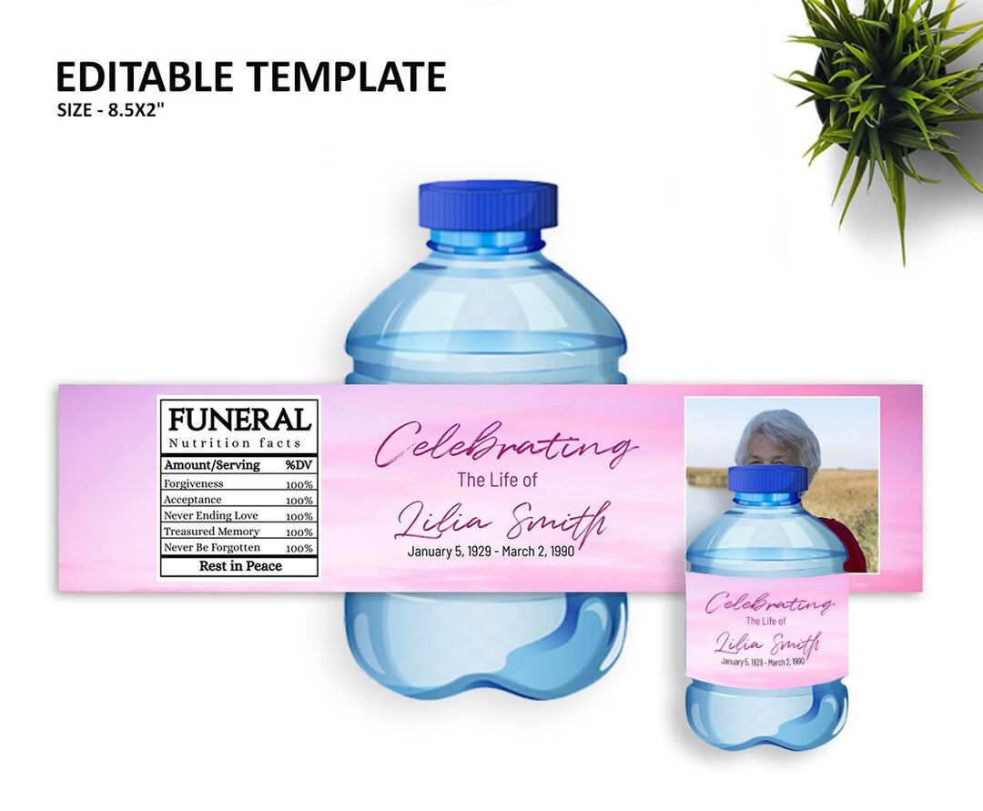 M002-funeral Water Bottle Label Pink Clouds Template,funeral Water ...