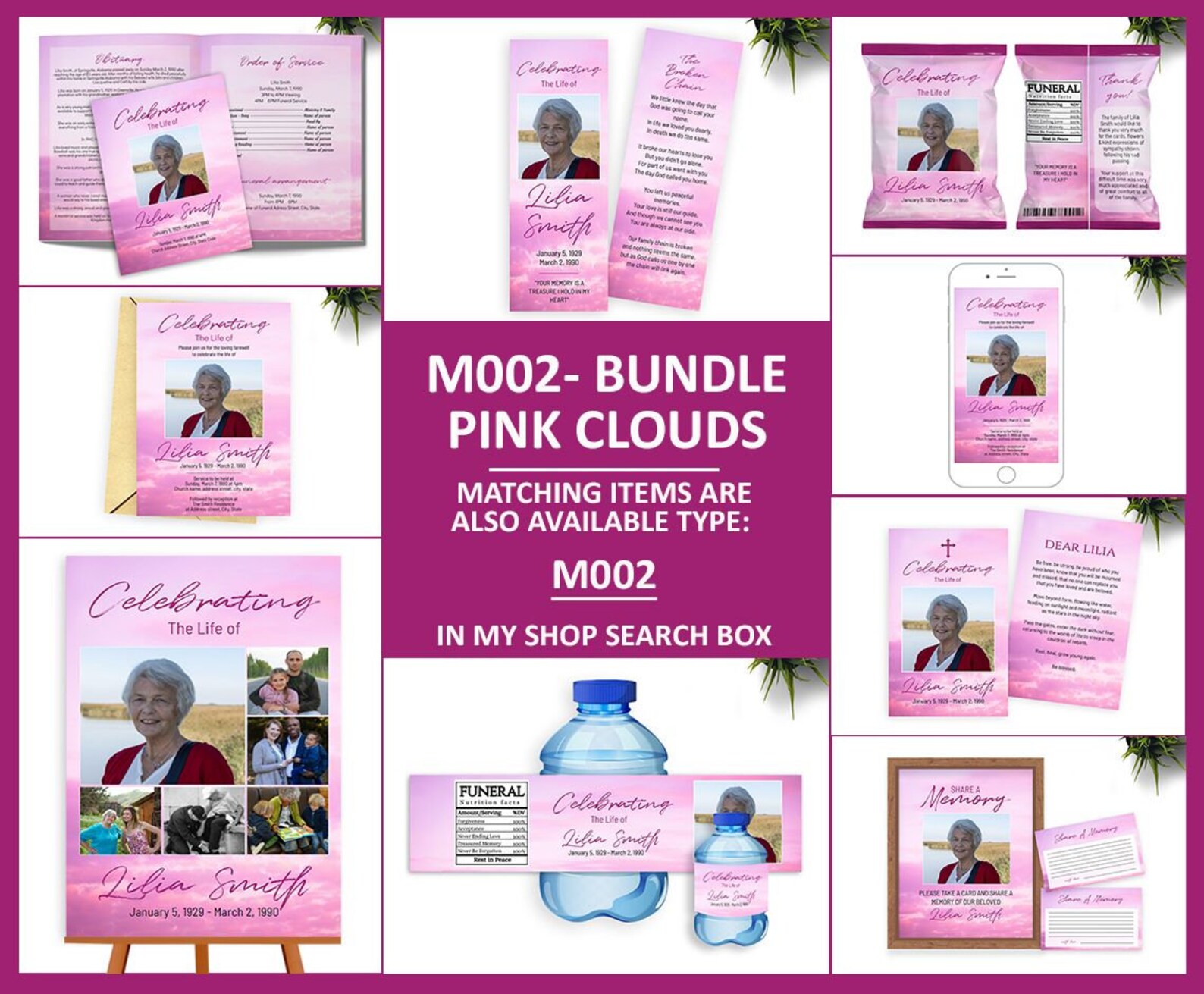 M002-funeral Share A Memory Sign/card Pink Clouds Template, Editable ...