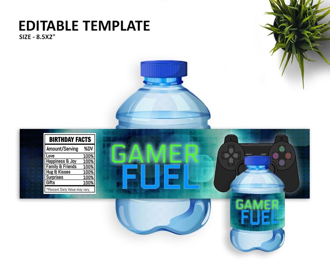 P003- Editable Video Game Water Bottle, Gamer Party, Water Bottle ...