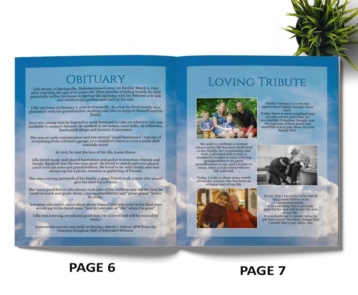Funeral Program Blue Clouds Template, 8 Page Funeral Program, Editable ...