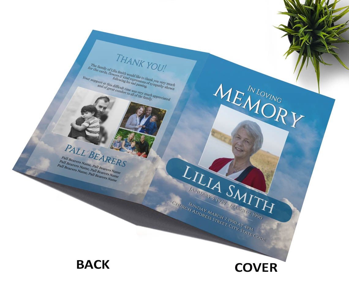 Funeral Program Blue Clouds Template, 8 Page Funeral Program, Editable ...
