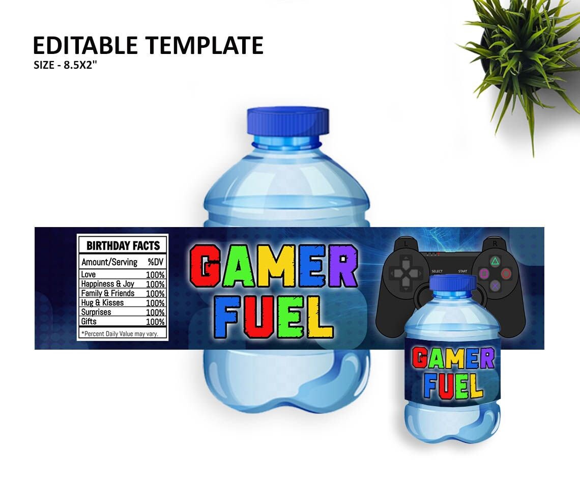 P004 Editable Video Game Water Bottle, Gamer Party, Water Bottle ...