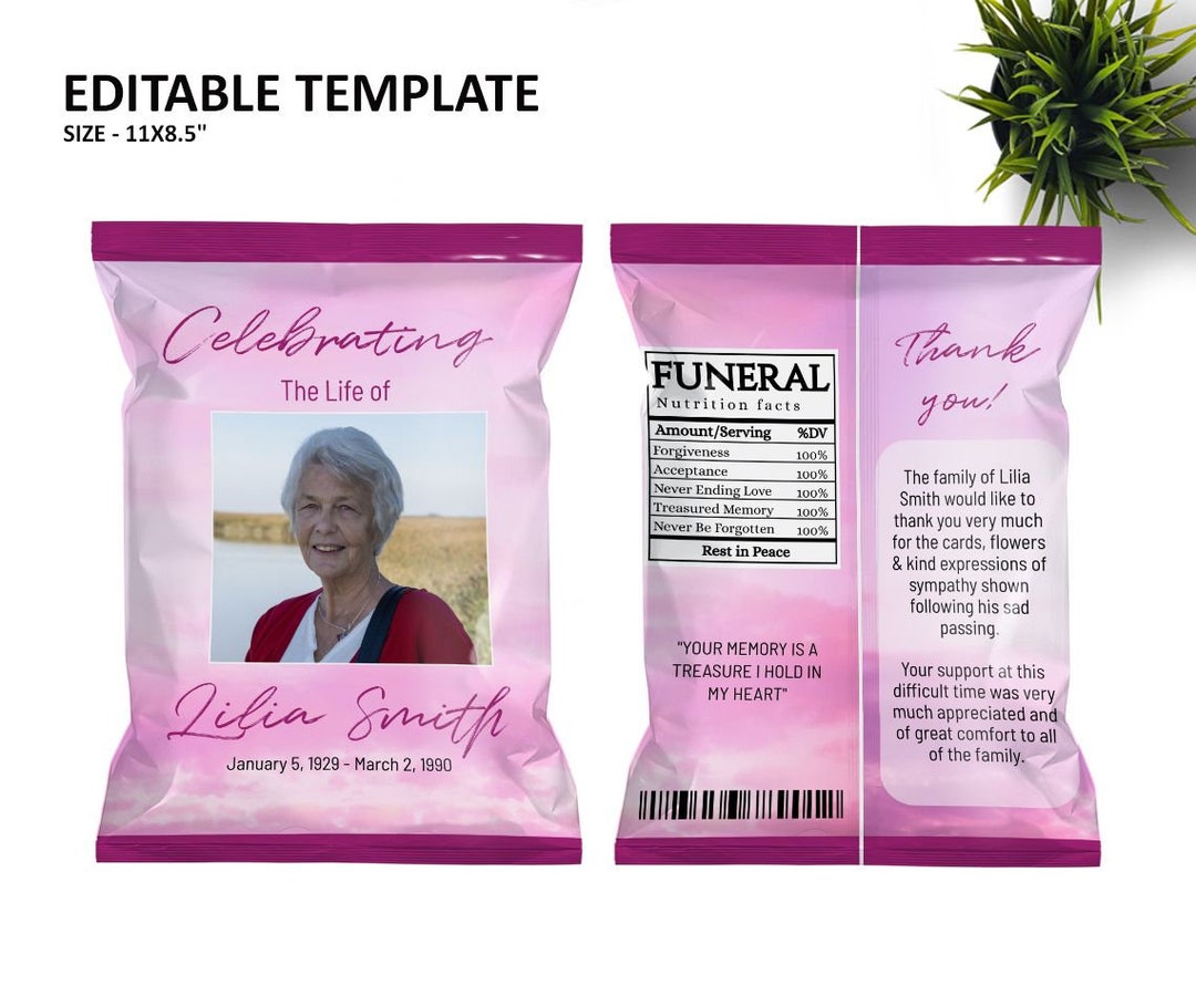 M002-funeral Chip Bag Pink Clouds Template,funeral Chip Bag, Editable ...