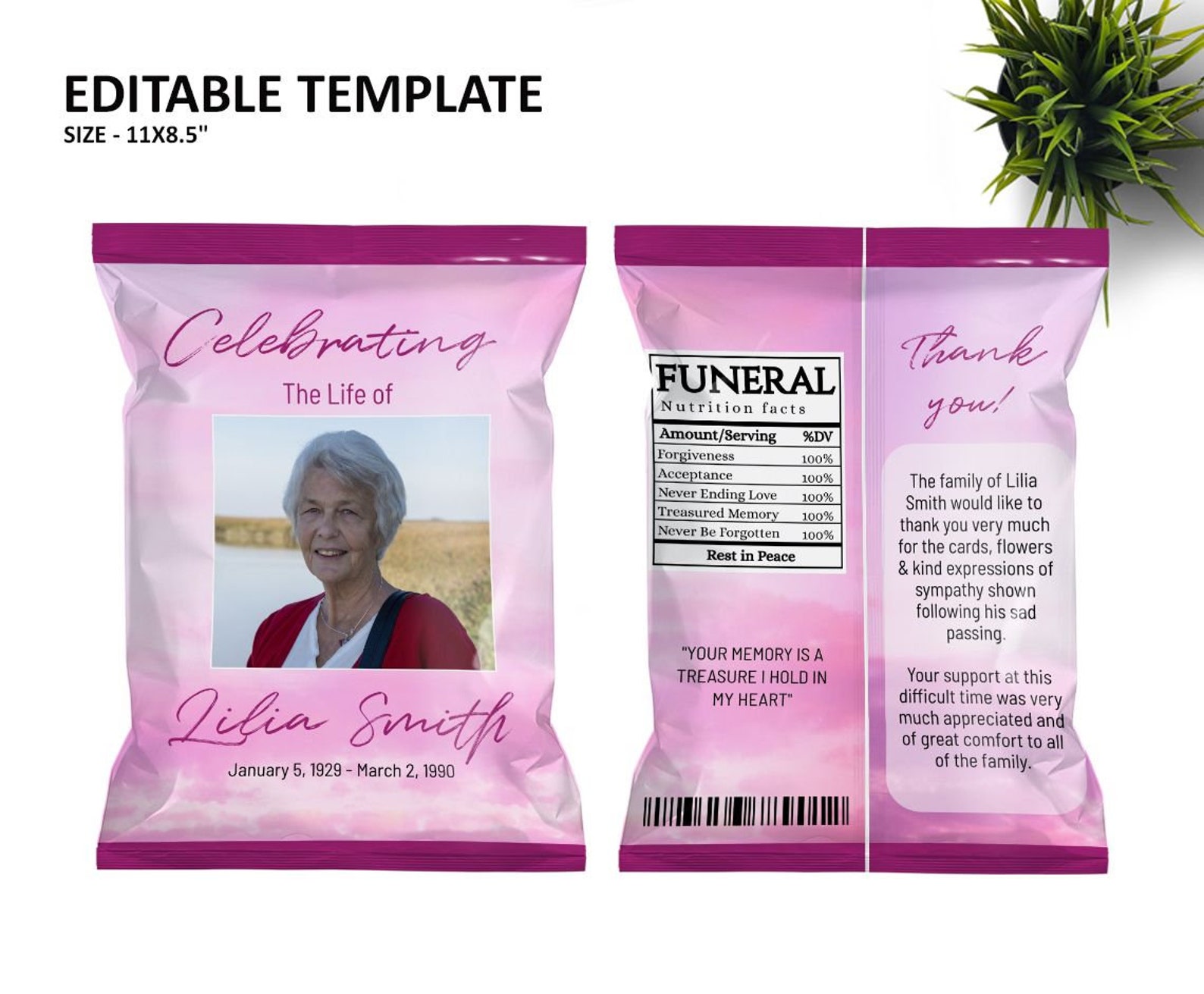 M002-funeral Chip Bag Pink Clouds Template,funeral Chip Bag, Editable ...