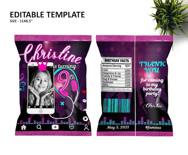 P005- Editable Pink Chip Bag, Musical Party, Chip Bag Printable, Pink ...