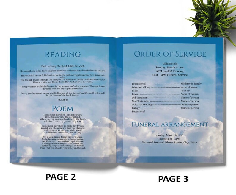 Funeral Program Blue Clouds Template, 8 Page Funeral Program, Editable ...