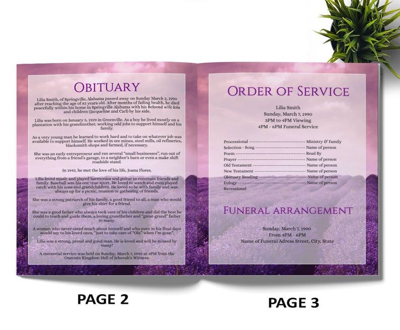 M006 4 Page Funeral Program Lavender Template,funeral 4 Page Program ...