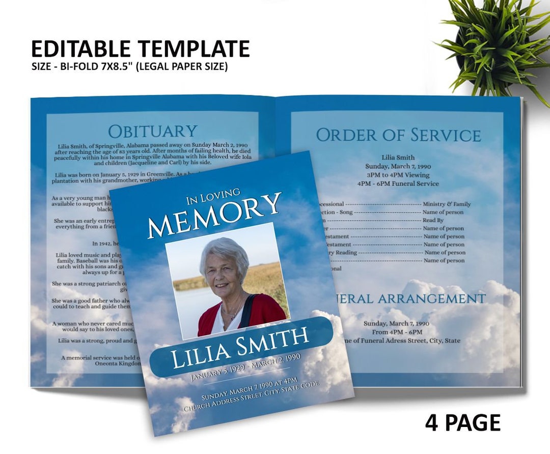 M003 4 Page Funeral Program Blue Clouds Template, 4 Page Funeral ...