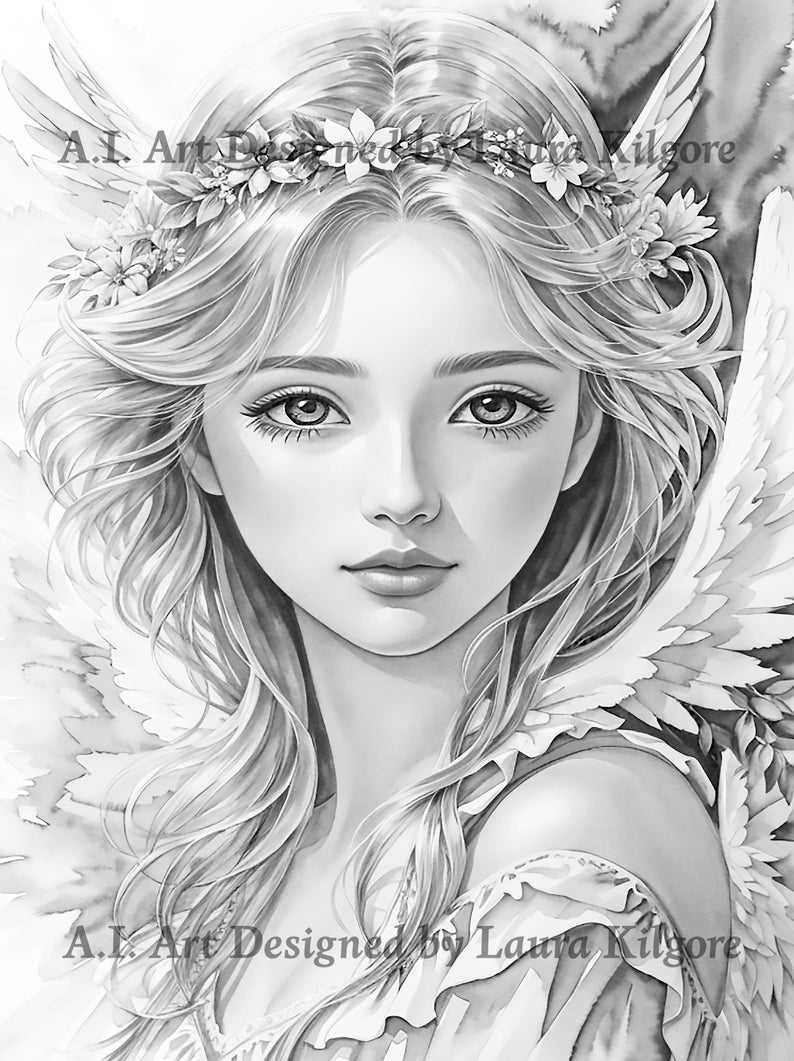 Angel Coloring Pages: "dina" Greyscale Illustrations (PDF Printable) - Etsy