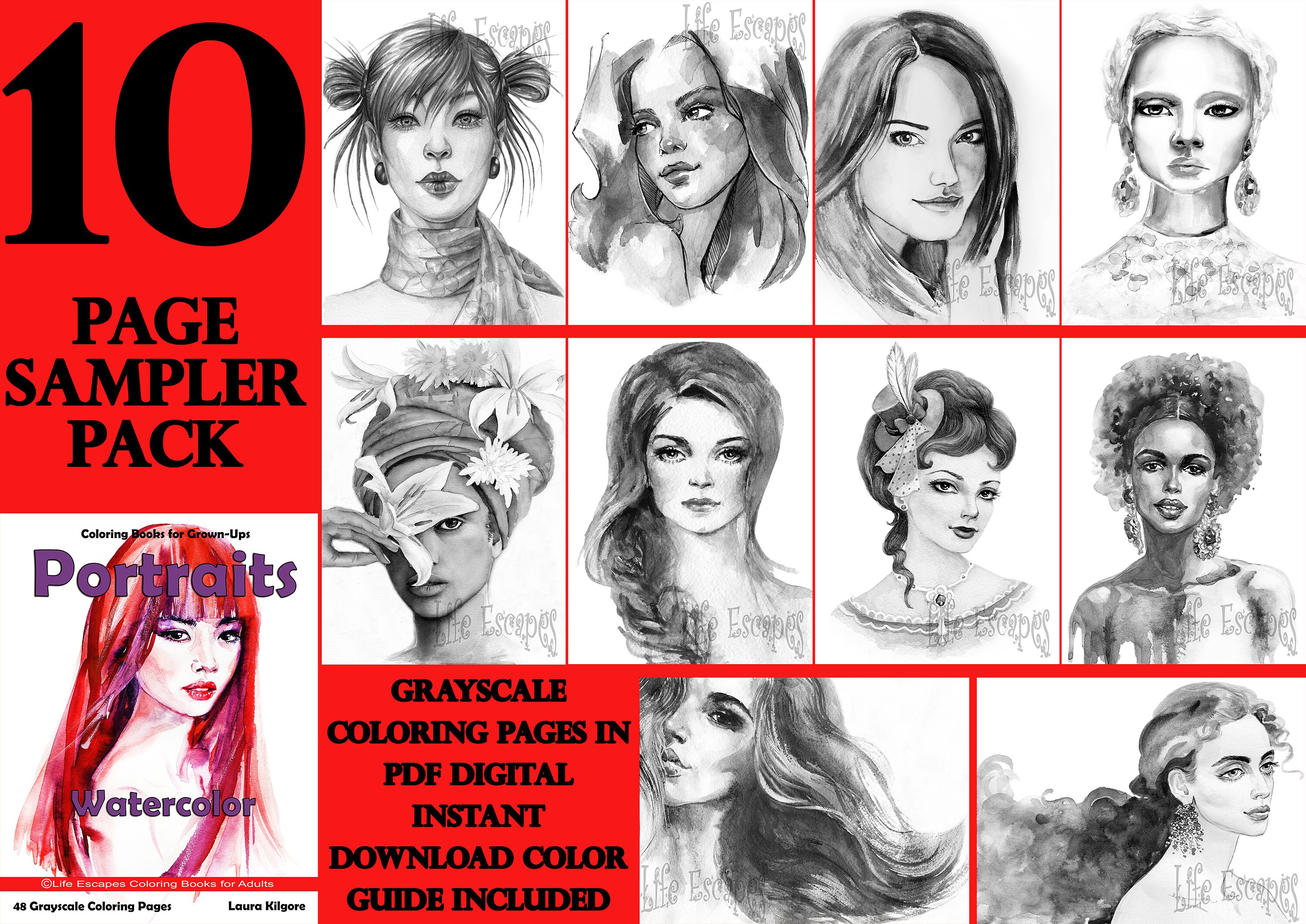 Portraits Watercolor Adult Coloring Book 10 Page Coloring | Etsy