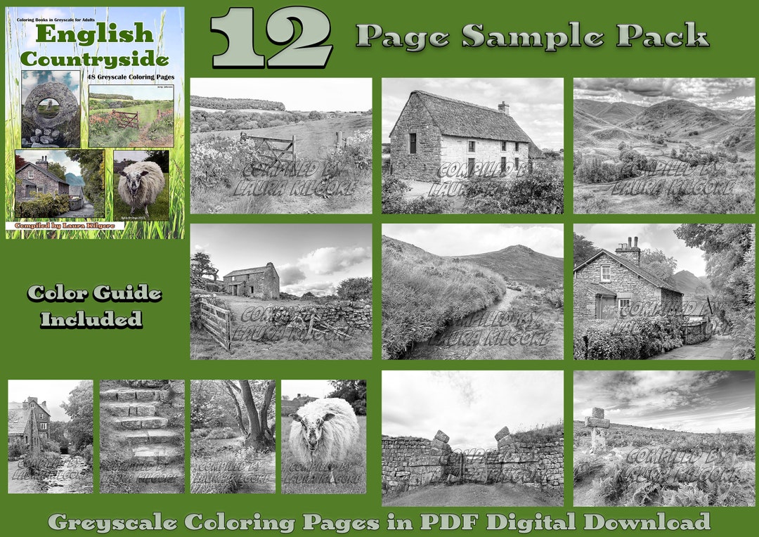 English Countryside Coloring Pages, Greyscale Sampler (PDF Download) - Etsy