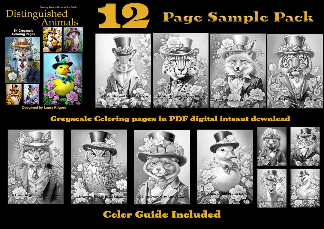 Distinguished Animals Coloring Pages | Greyscale PDF (12 Page Sampler ...