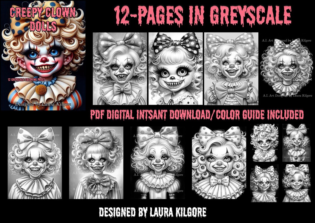 Creepy Clown Dolls Coloring Pages, 12 Greyscale Designs (PDF) - Etsy