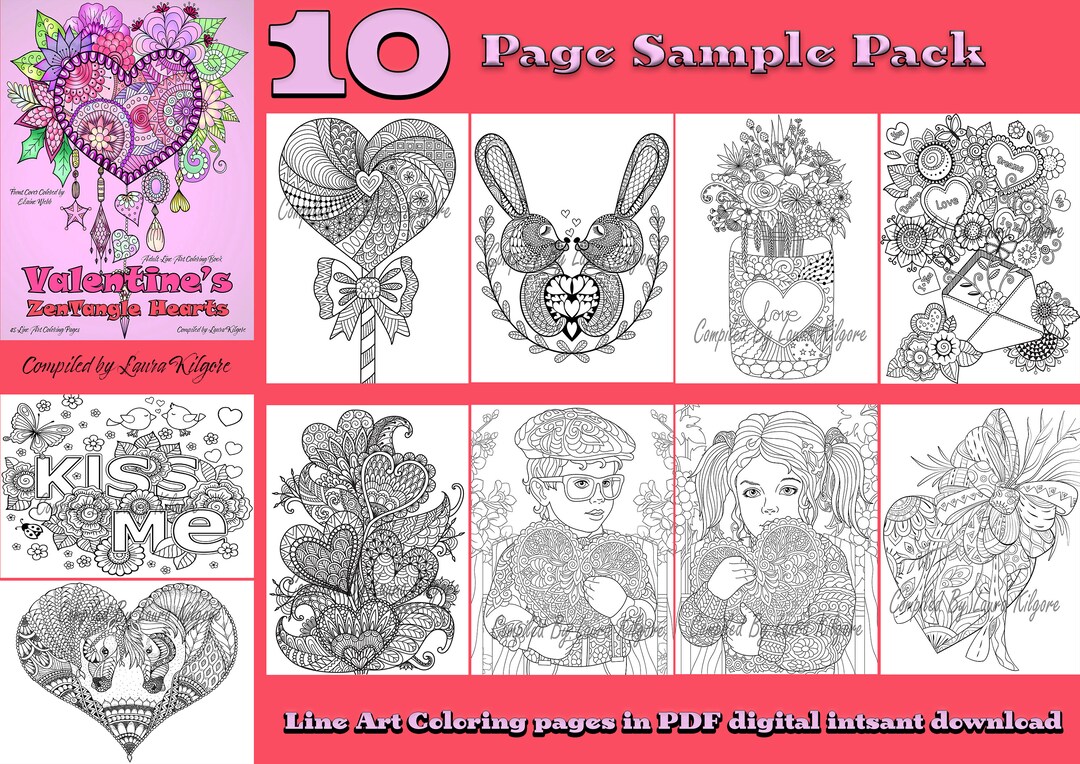Valentine's Zentangle Hearts Line Art Coloring Book 10 - Etsy