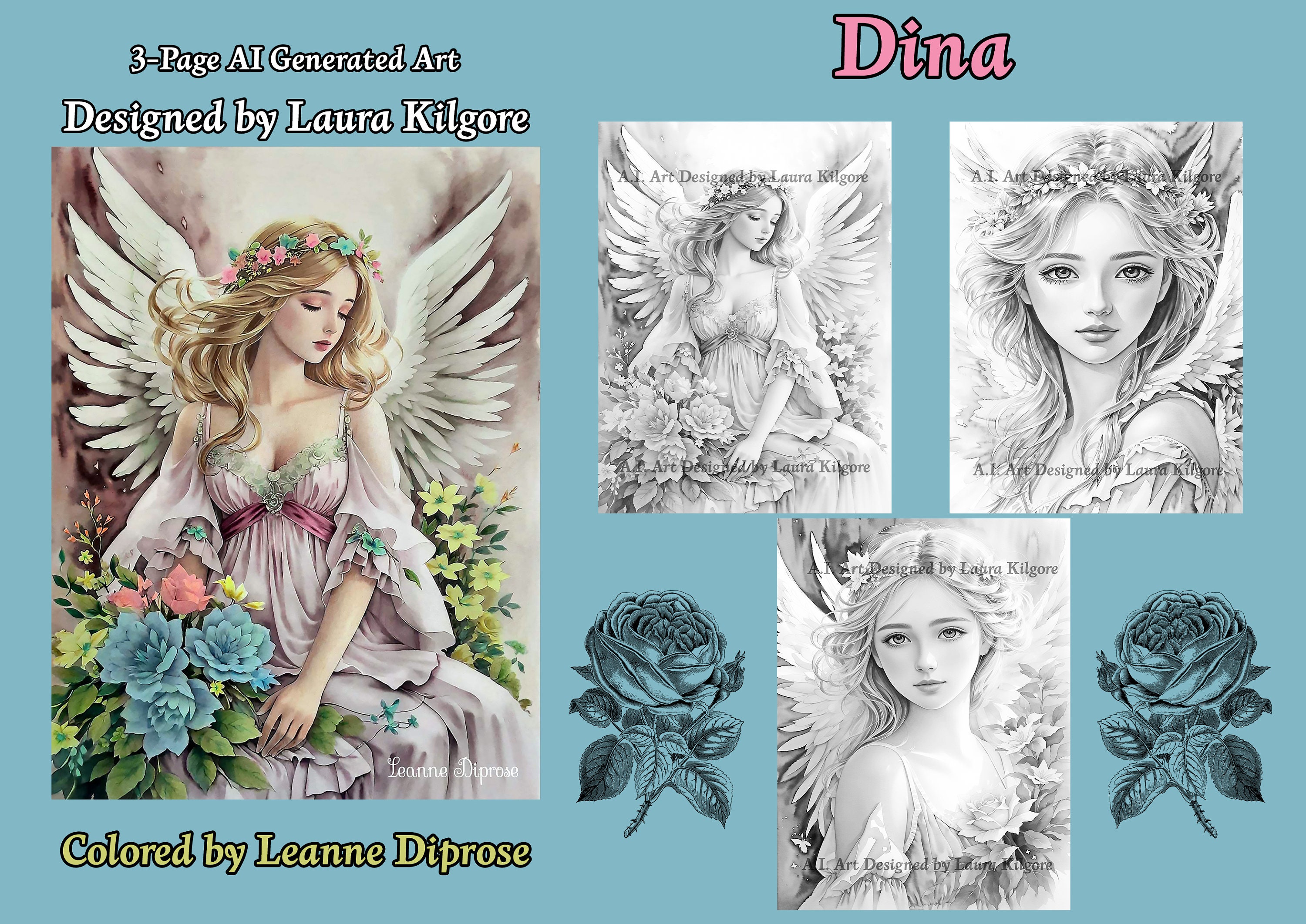 Angel Coloring Pages: "dina" Greyscale Illustrations (PDF Printable) - Etsy