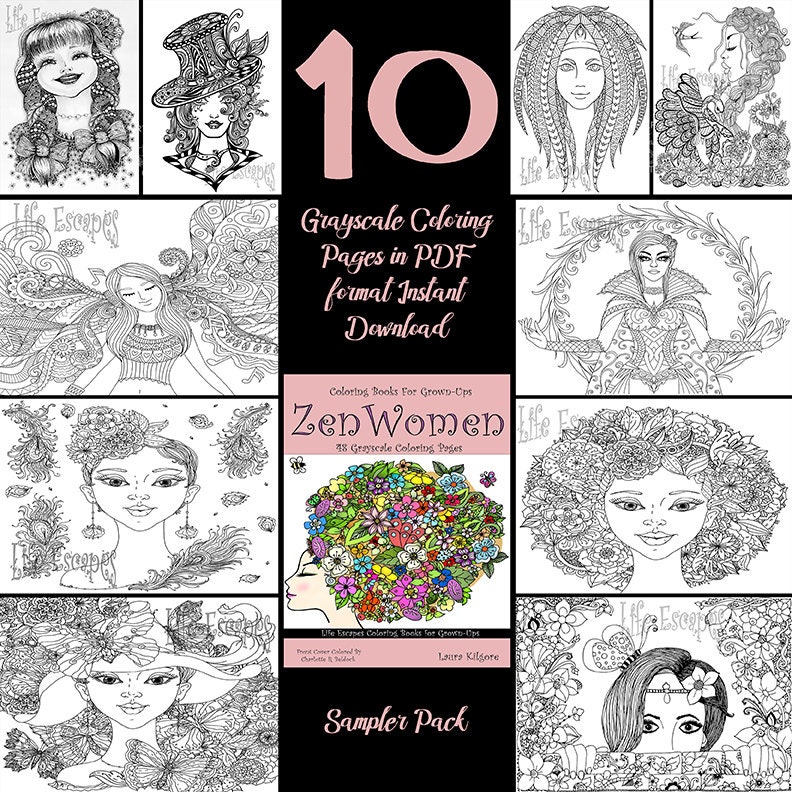Zen Women Adult Coloring Book 10 Page Coloring Sampler Pack | Etsy