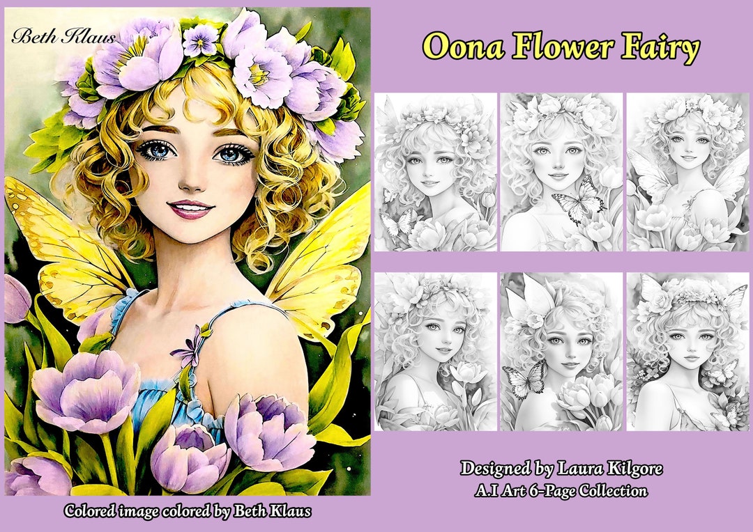Oona Flower Fairy 6-coloring Pages in Greyscale for Adults in High Resolution 8.5 X 11 Instant ...