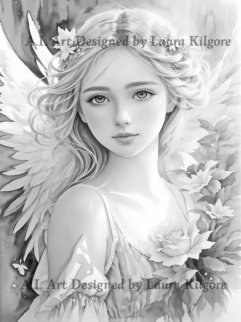 Angel Coloring Pages: "dina" Greyscale Illustrations (PDF Printable) - Etsy