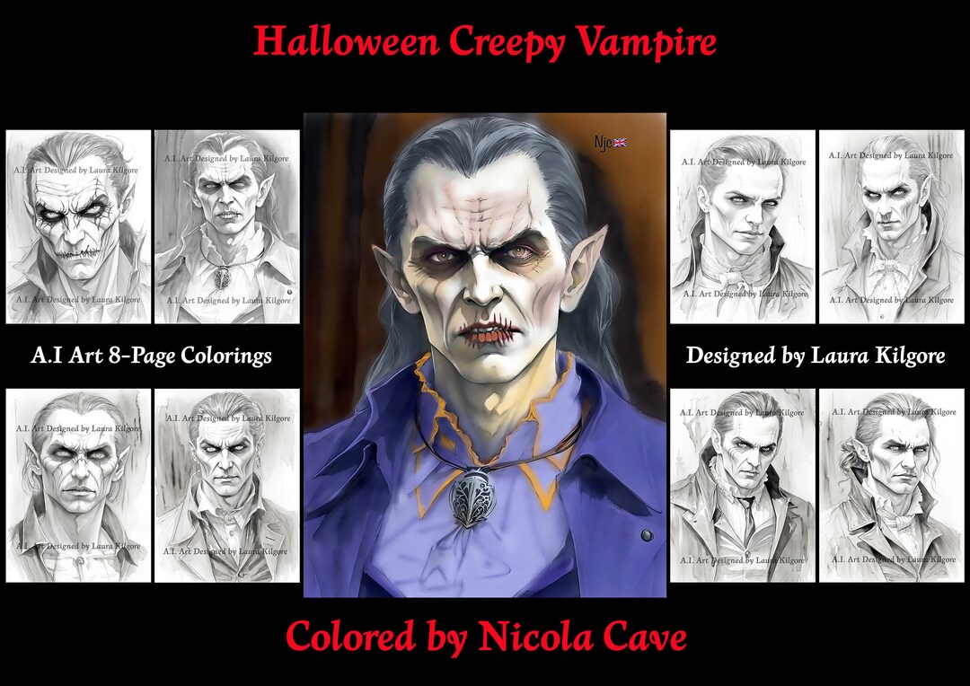 Halloween Vampire Coloring Pages, Creepy Greyscale Art (PDF) - Etsy