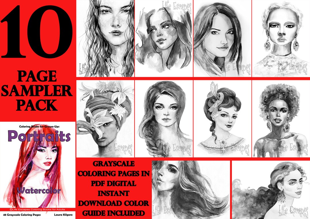 Watercolor Portraits Coloring Book, Grayscale Art (PDF Download) - Etsy