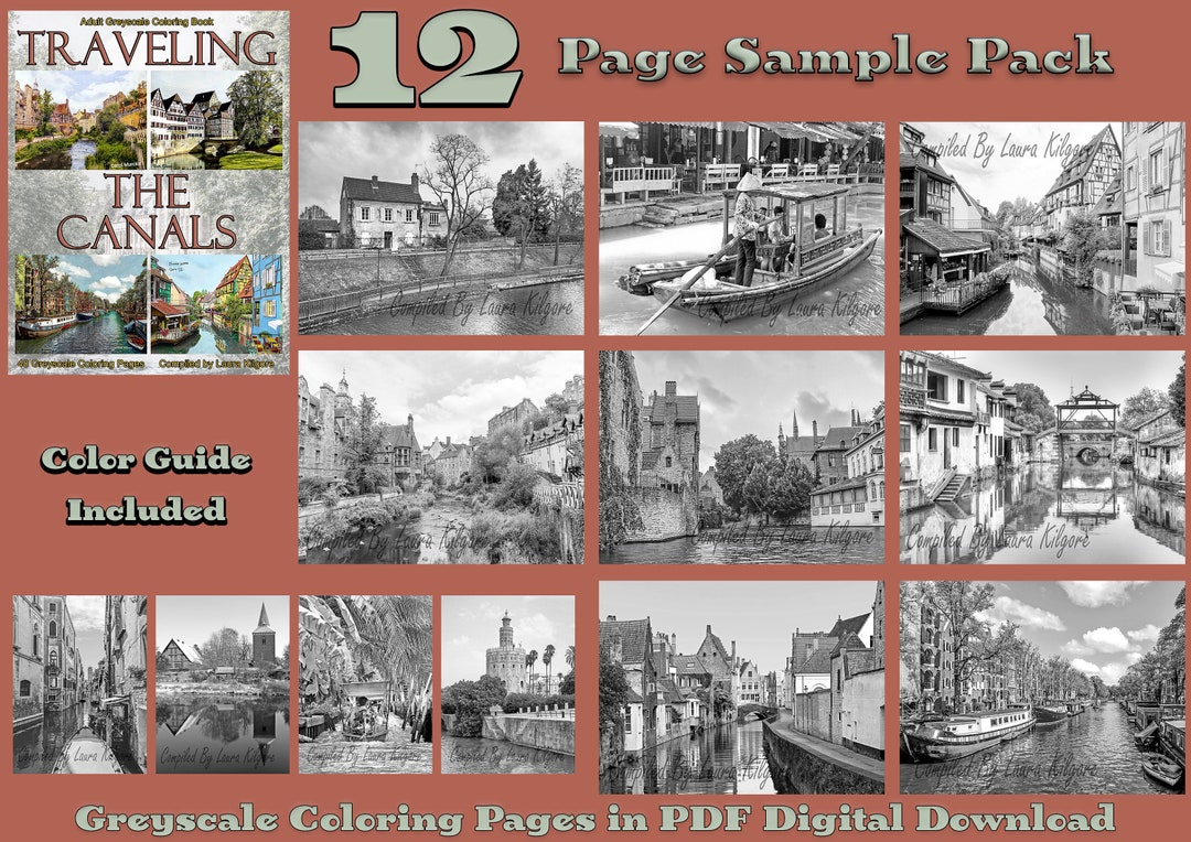 Canals of the World Coloring Book, Greyscale Sampler (PDF) - Etsy