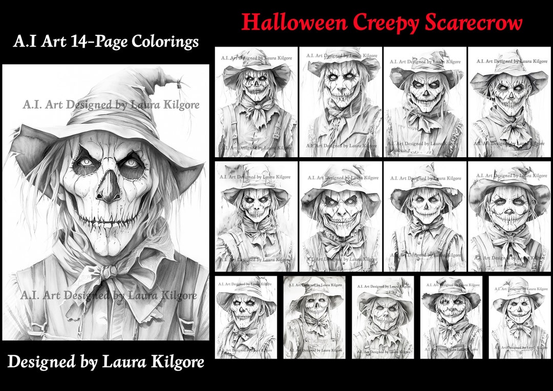 Halloween Creepy Scarecrows 14-coloring Pages in Greyscale for Adults ...