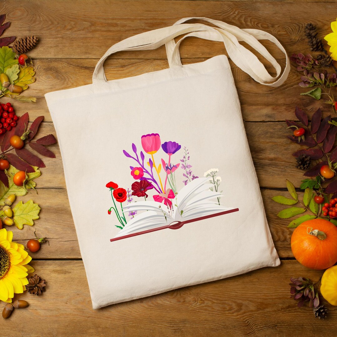Literary Tote Bag With Pressed Flowers - Beautiful Flowers, Watercolor ...