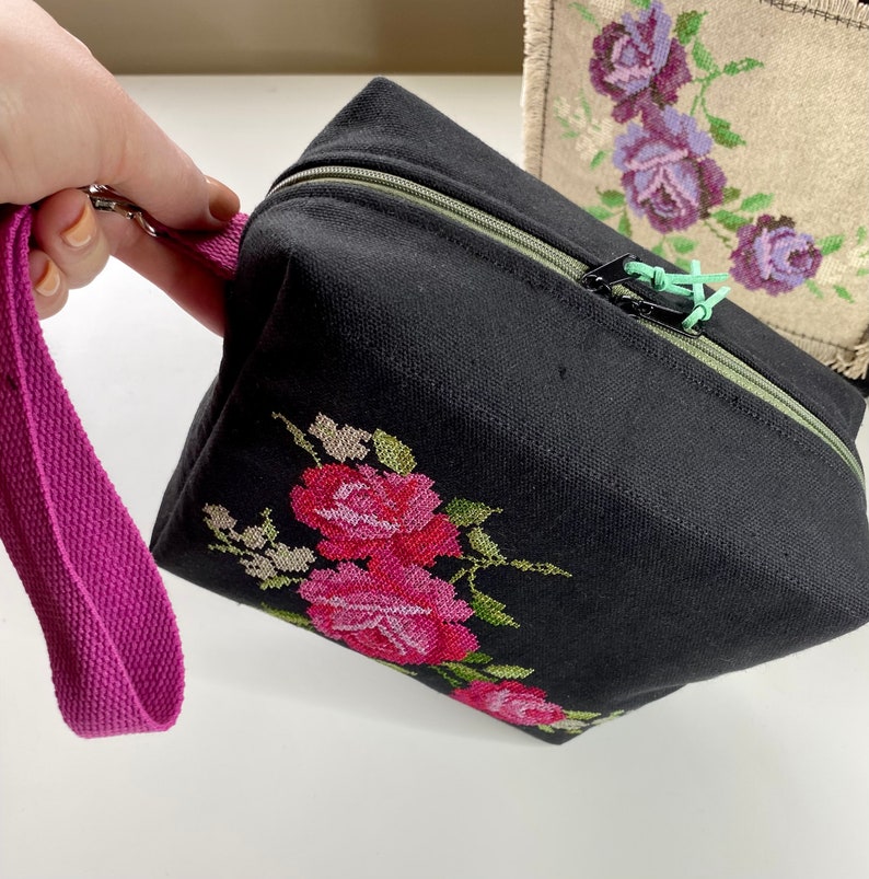 Soft Zipper Cosmetic Bag. Embroidery Roses Makeup Bag. Black - Etsy
