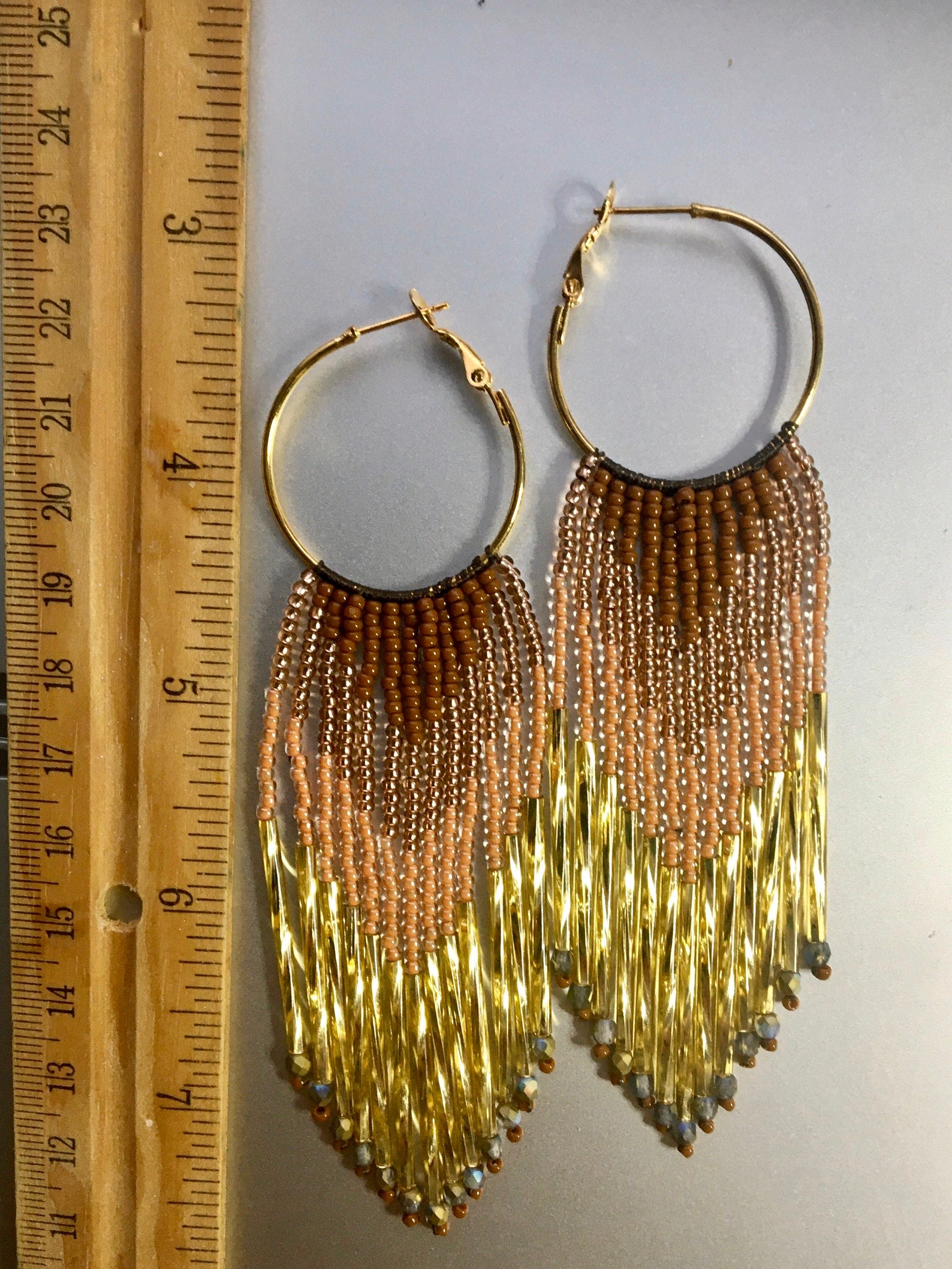 Long Gold Brown Seed Beads Beaded Feather Stile Gold Findings - Etsy ...