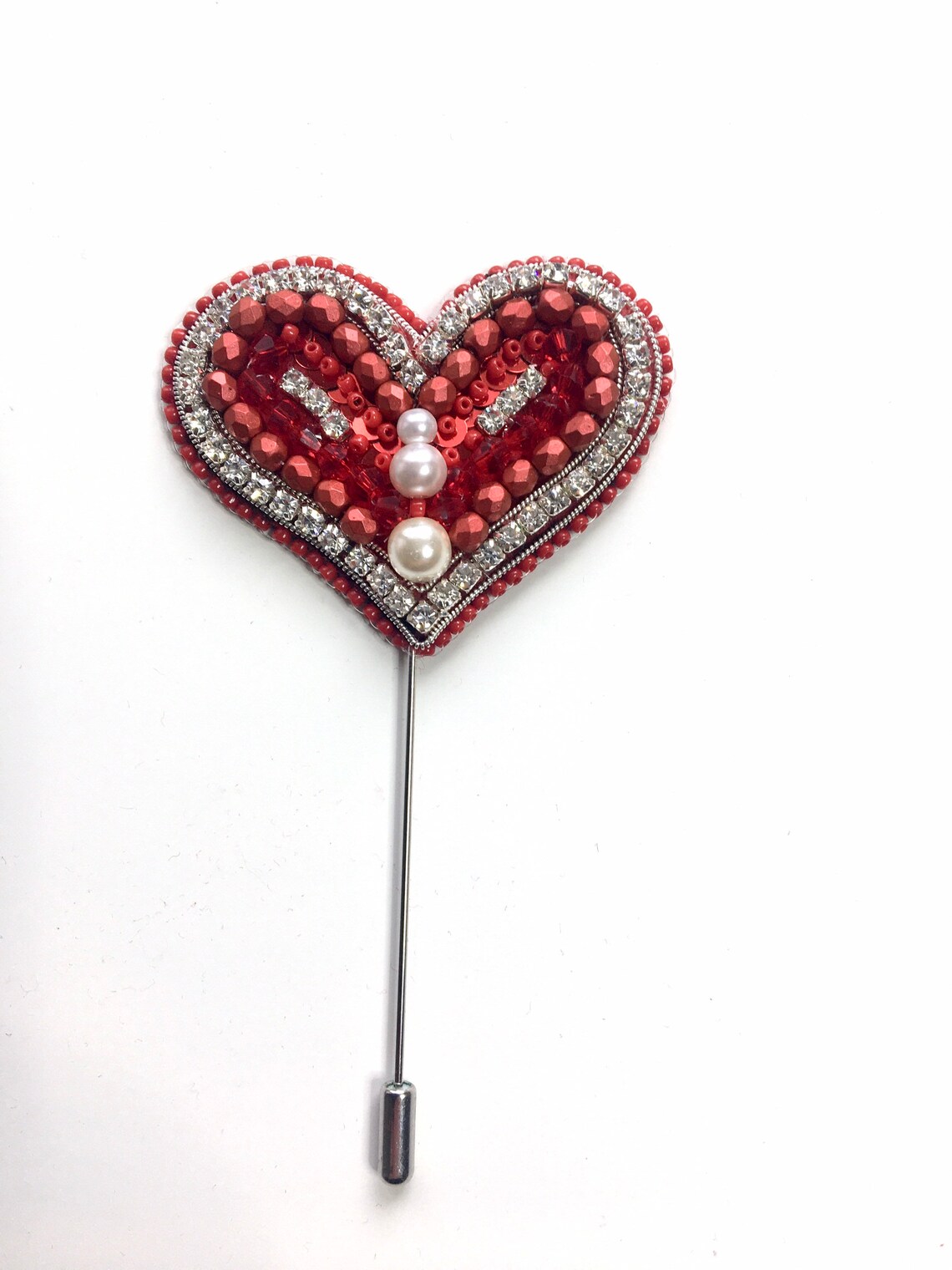 Red White Embroidered Beaded Heart Pin Brooch. Christmas Gift for Her ...