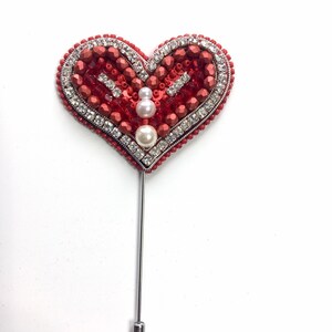 Red White Embroidered Beaded Heart Pin Brooch. Christmas Gift for Her ...