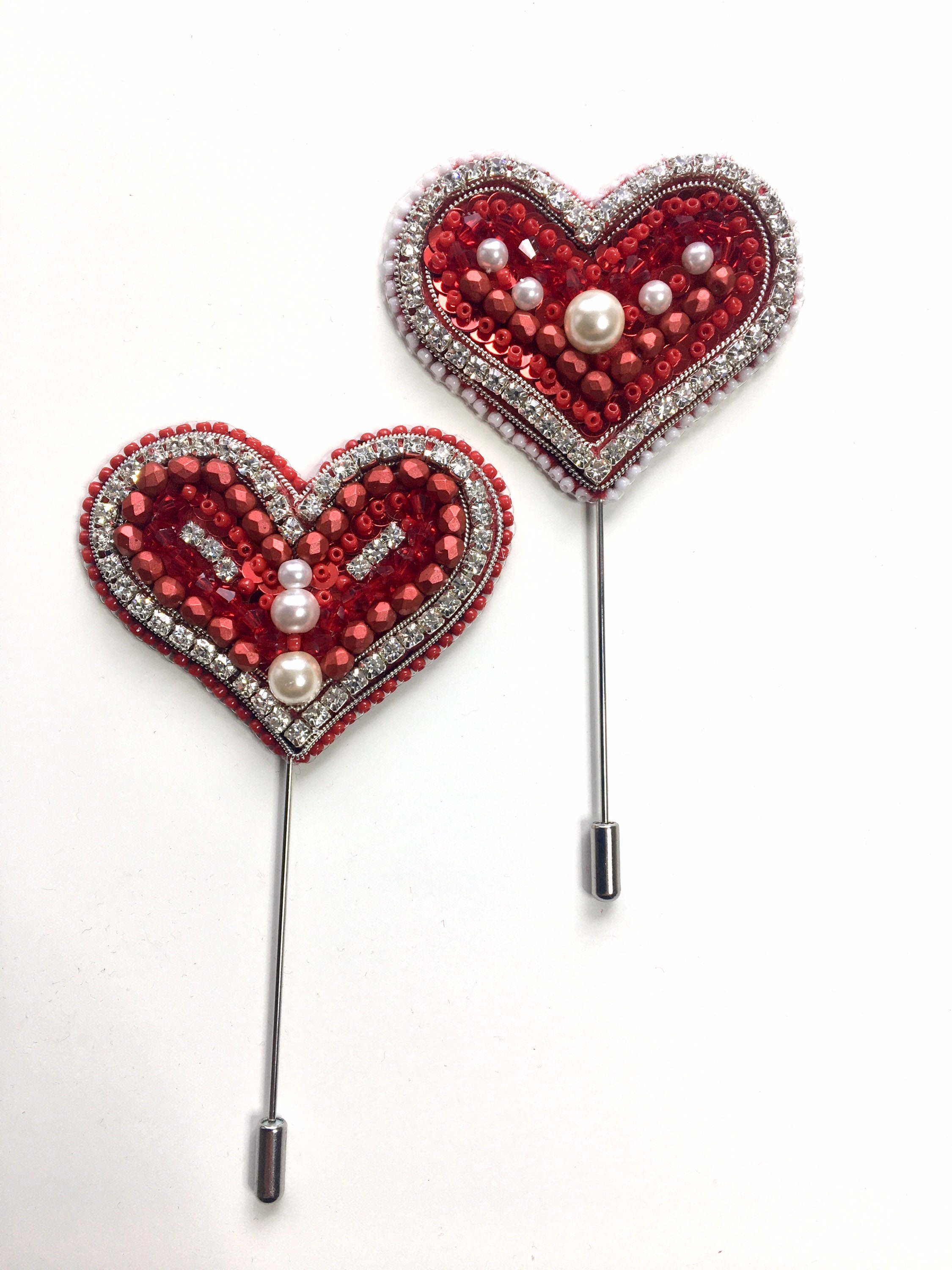 Red White Embroidered Beaded Heart Pin Brooch. Christmas Gift for Her ...
