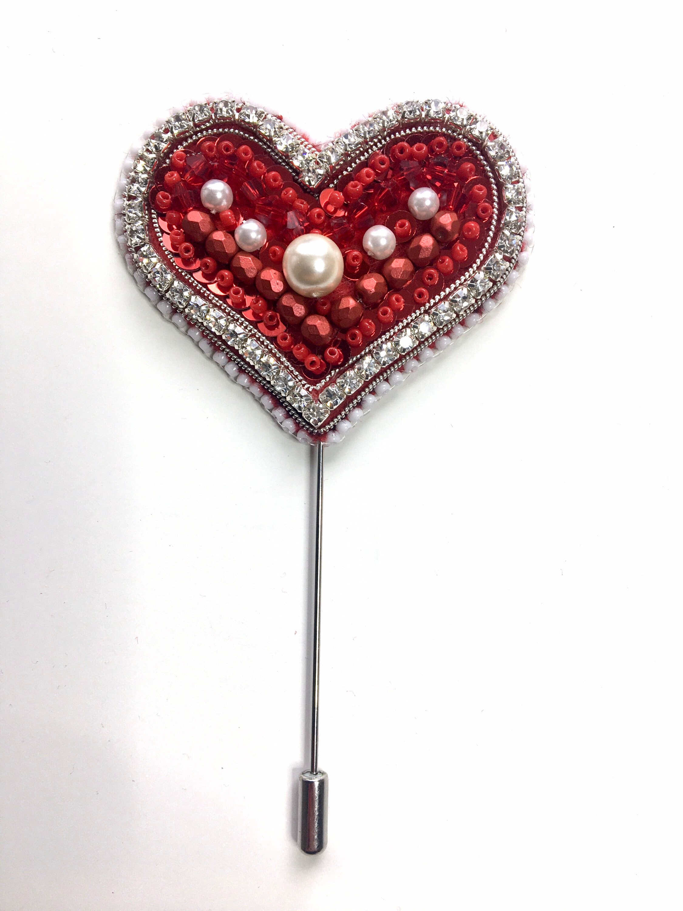 Red White Embroidered Beaded Heart Pin Brooch. Christmas Gift for Her ...