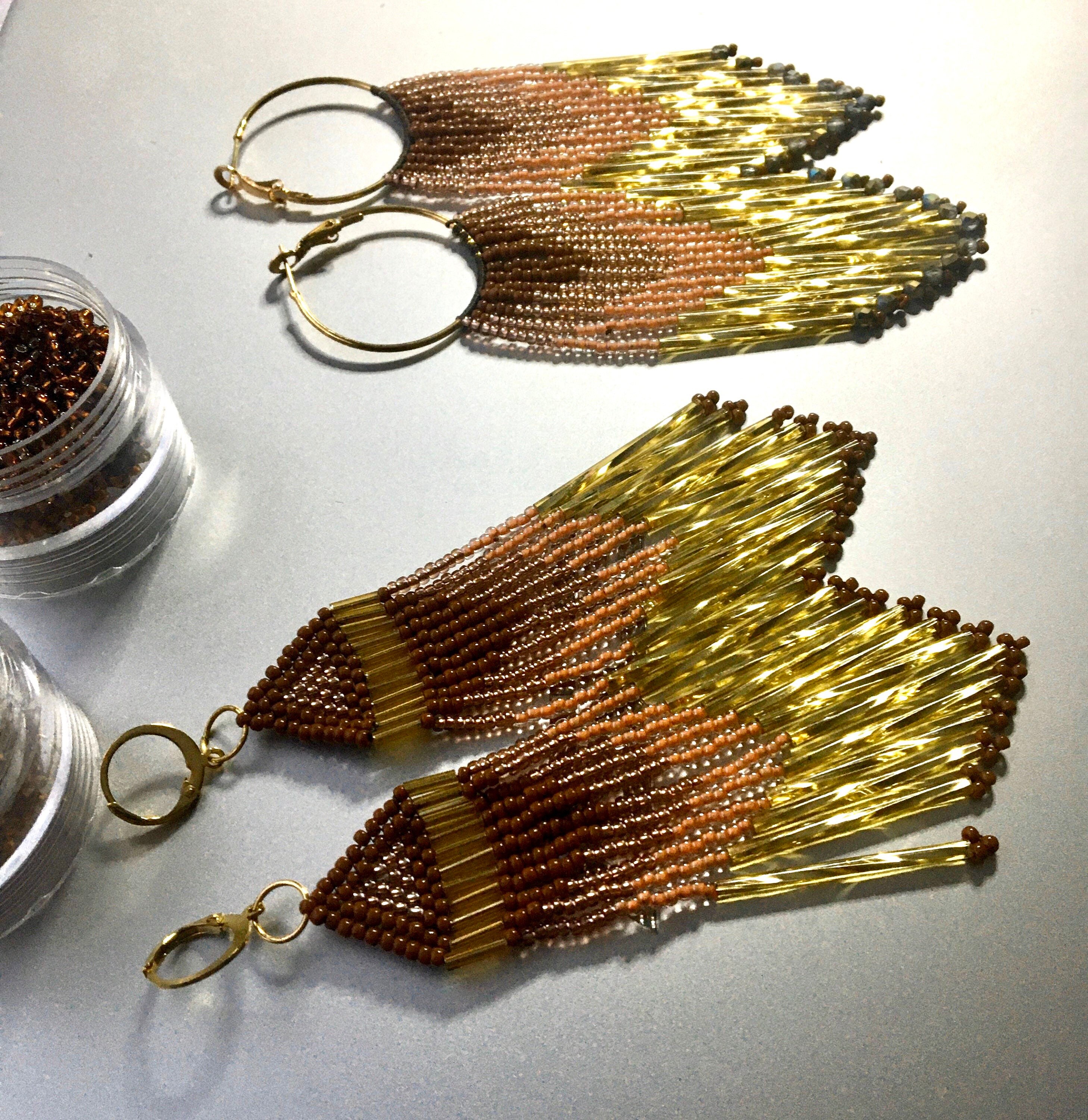 Long Gold Brown Seed Beads Beaded Feather Stile Gold Findings - Etsy ...